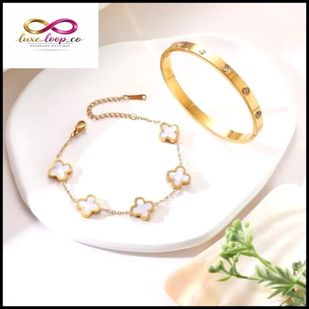 Jewelry | Stainless Steel Clover Bangle Bracelet Set With Extension ...